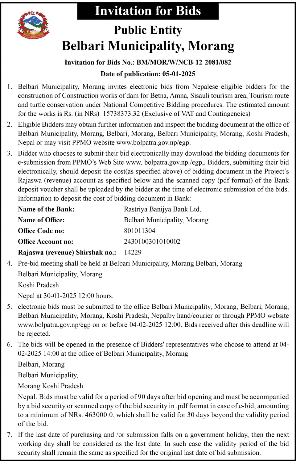 Invitation for BID: Construction Works of Dam for Betna, Amna, Sisauli Tourism Area 2081.09.21 ...